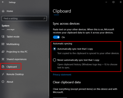 How to Enable Save Clipboard Data, Clear and Sync in Windows 10